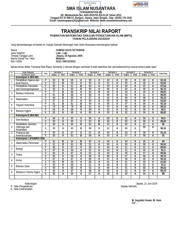 Format Transkrip Nilai | PDF