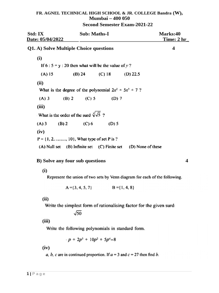 Algebra 2nd Sem IX 2021-22 | PDF