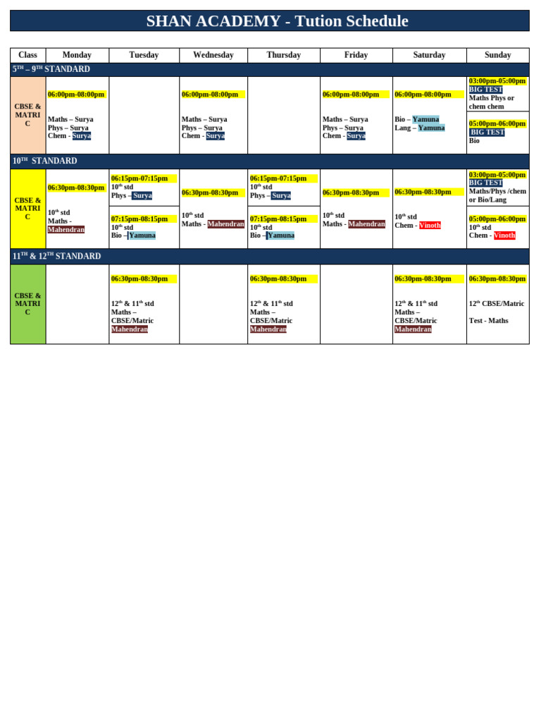 SHAN ACADEMY-latest Time Table | PDF