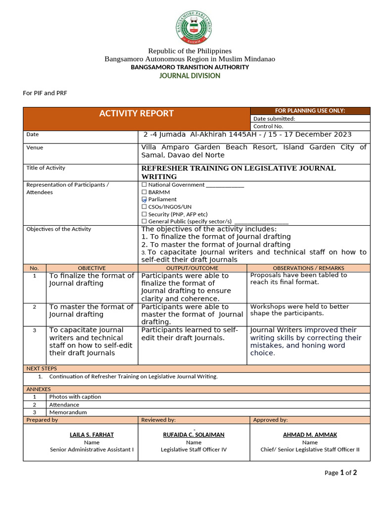 02a ACTIVITY REPORT - Sample Only | PDF