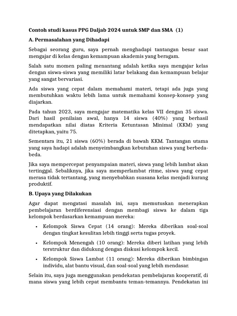 Contoh Studi Kasus PPG Daljab 2024 Untuk SMP Dan SMA | PDF