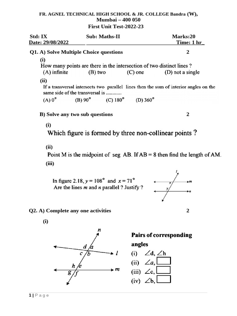 Geometry 1st Unit Test IX 2022-23 | PDF | Teaching Methods & Materials