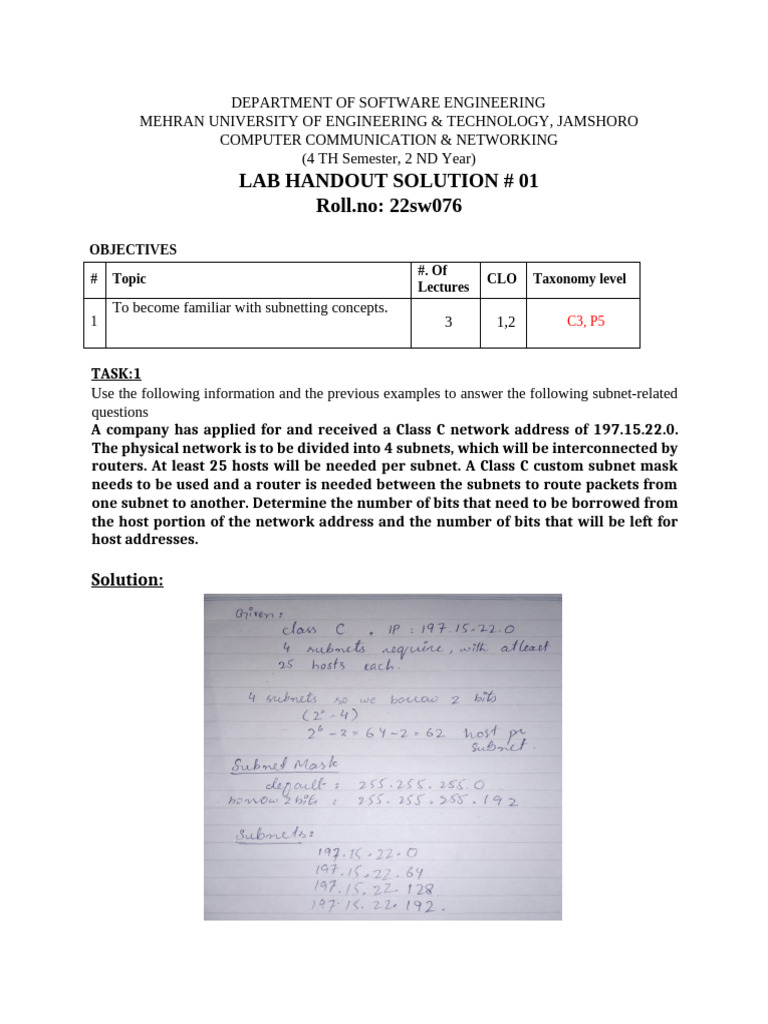 Lab Handout Solution # 01 Roll - No: 22sw076 | PDF | Ip Address | Computer Network