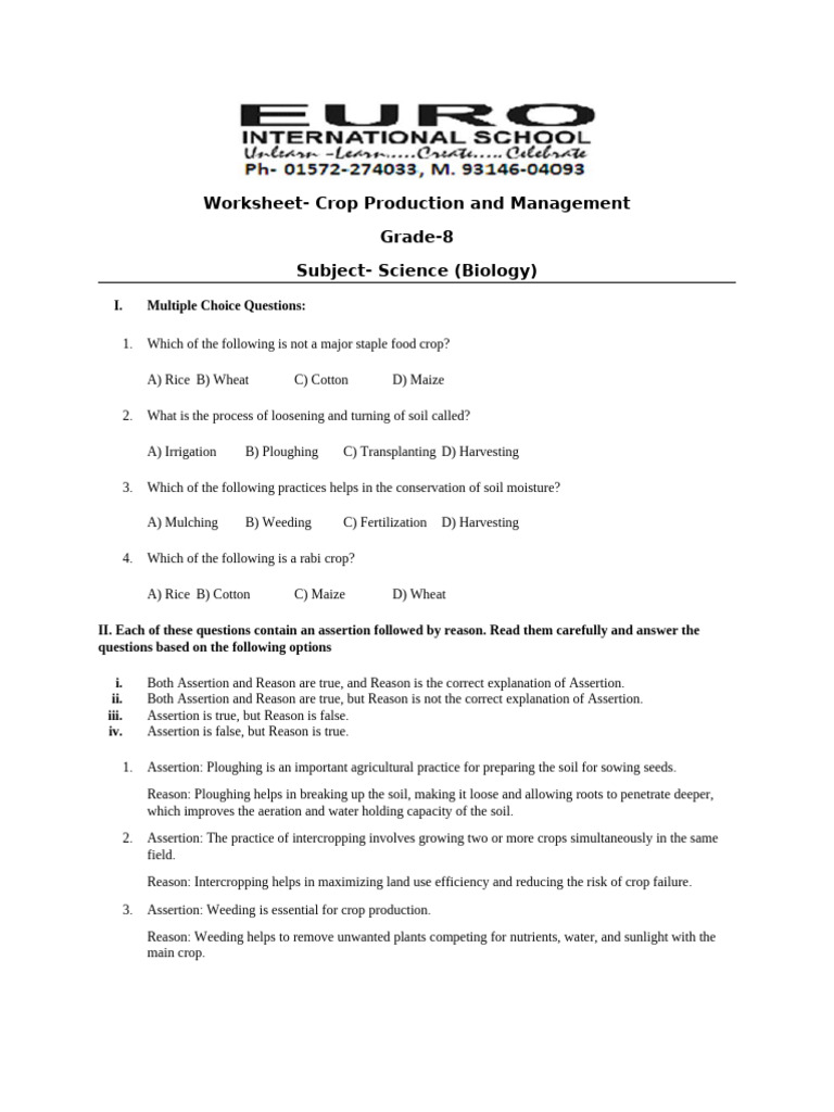 Worksheet Class 8 Chapter Crop Production and Management A | PDF ...