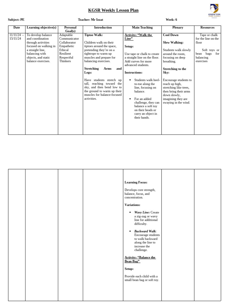 Physical Education - Lesson Plan W 6 | PDF