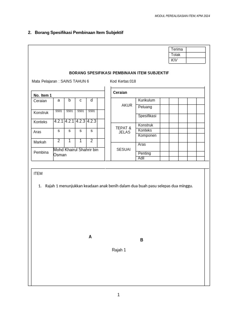 Borang Spesifikasi Pembinaan Item Subjektif C1 | PDF
