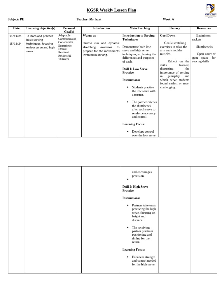 Physical Education - Lesson Plan W6 | PDF | Physical Education | Learning