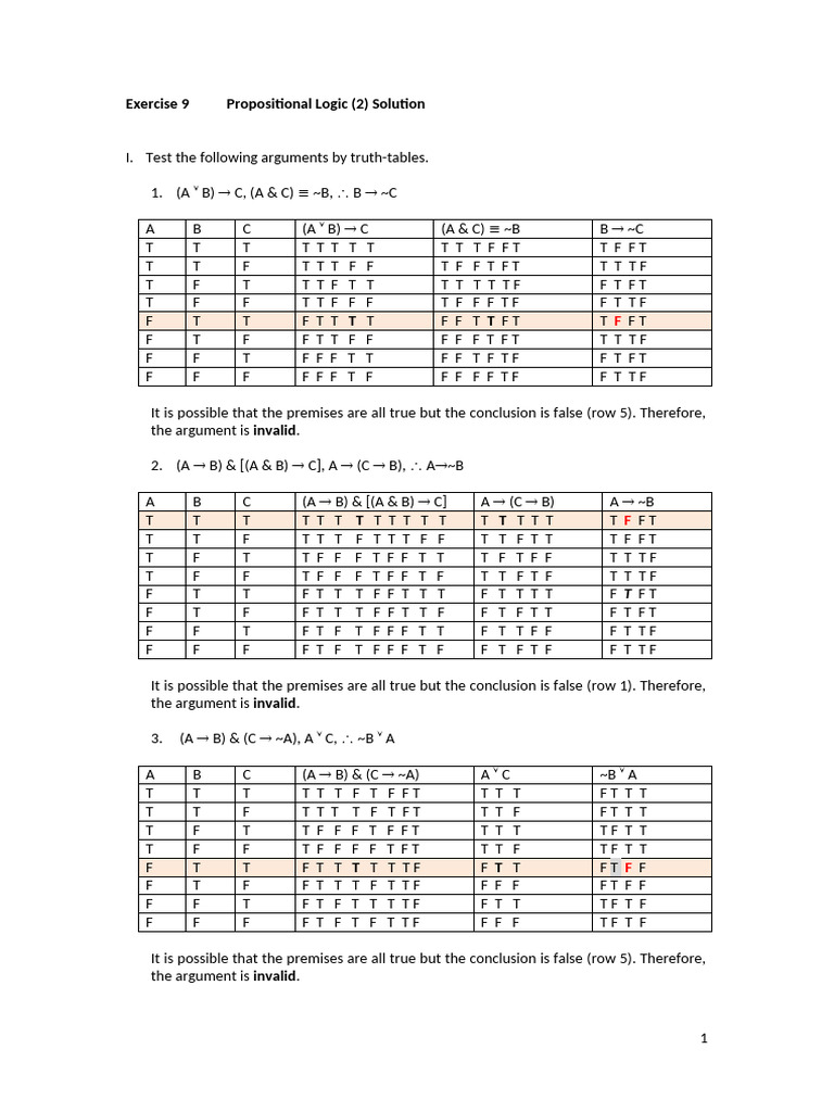 Exercise 9 Propositional (2) Solution | PDF | Argument | Logic