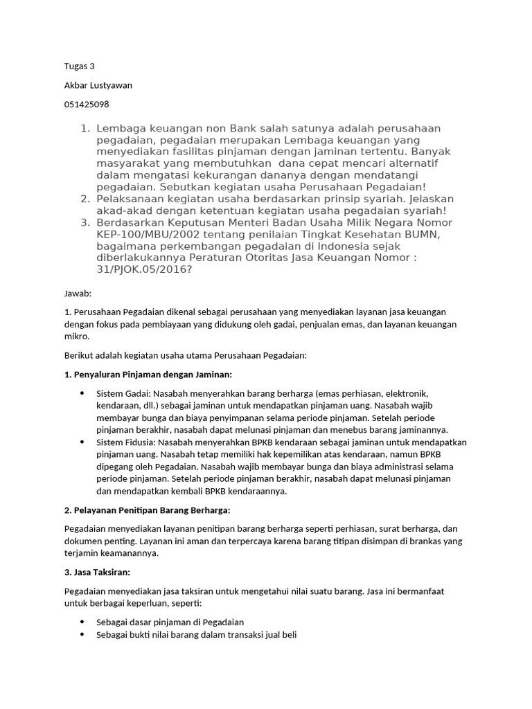 Tugas 3 Bank Dan Lembaga Keuangan Non Bank | PDF | Bisnis | Hukum