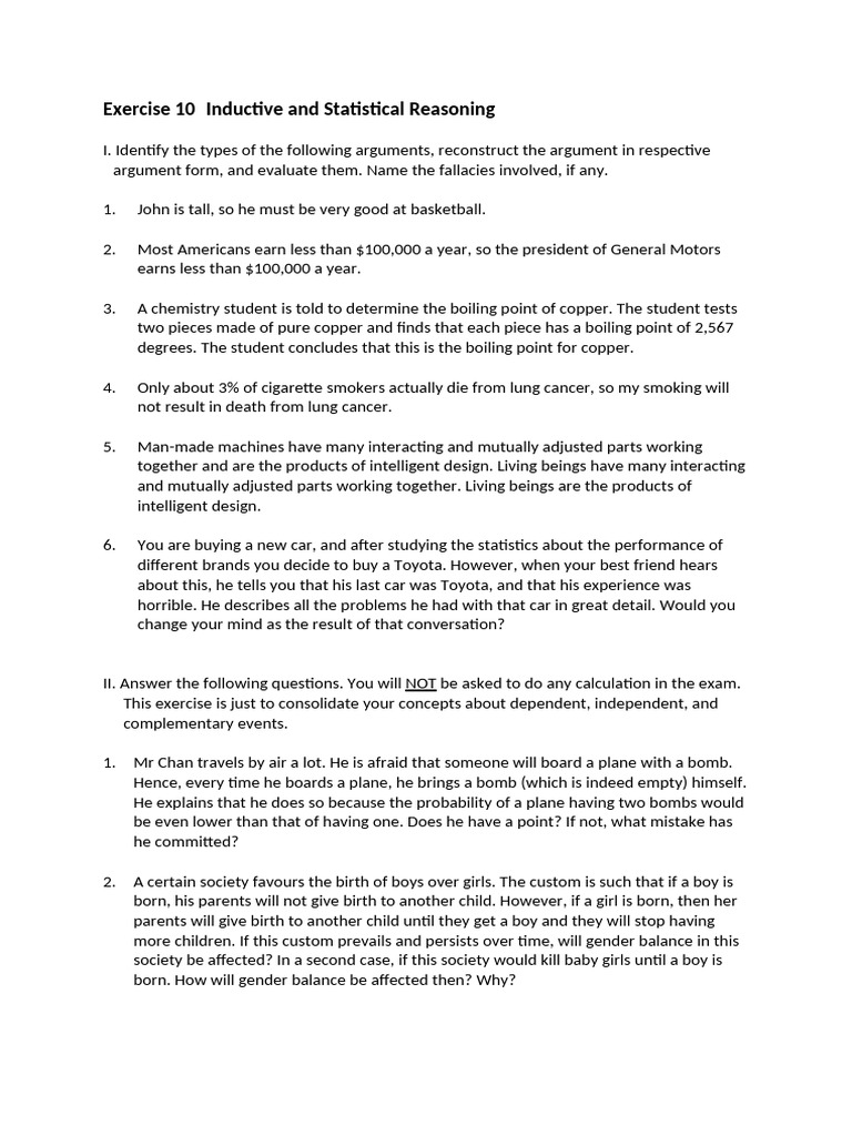 Exercise 10 Inductive Amd Statistical Reasoning | PDF