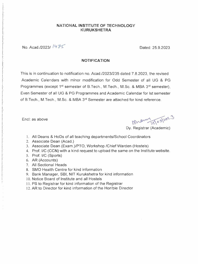 Notification Revised Academic Calendars With Minor Modifications for ...