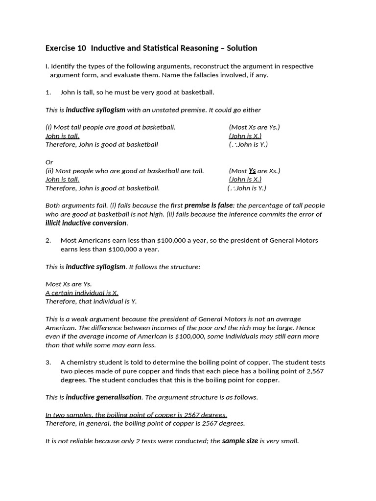 Exercise 10 Inductive Amd Statistical Reasoning Solution | PDF | Inductive Reasoning | Argument