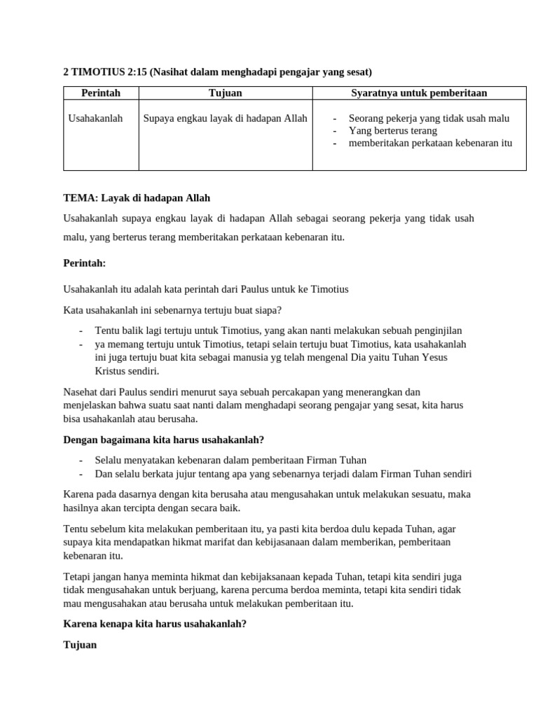 Pembelajaran Pendalaman Alkitab Dari Kitab 2 Timotius 2:15 | PDF | Agama & Spiritualitas