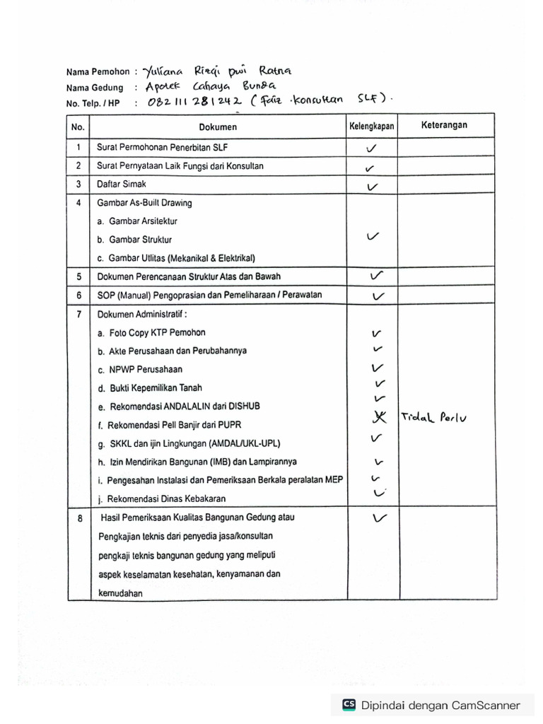Checklist SLF Apt Cahaya Bunda Di PTSP | PDF