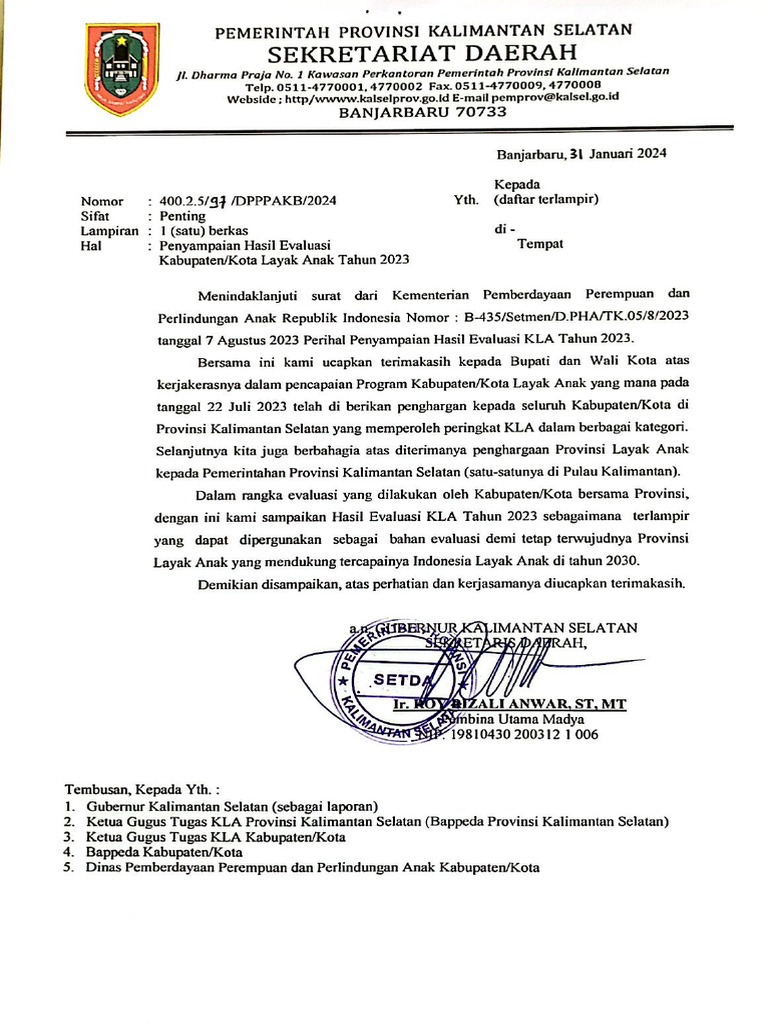 Surat Hasil Evaluasi KLA 2023 Kab. Tanah Bumbu | PDF