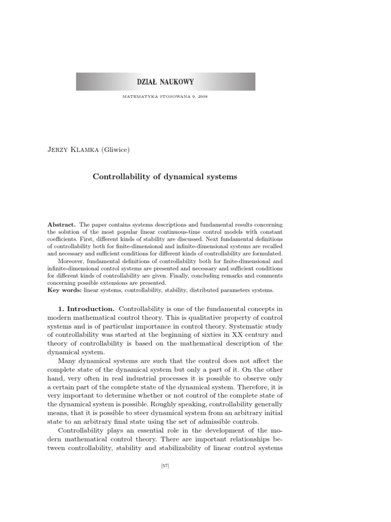 Controllability of Dynamical Systems: Matematyka Stosowana 9, 2008 ...