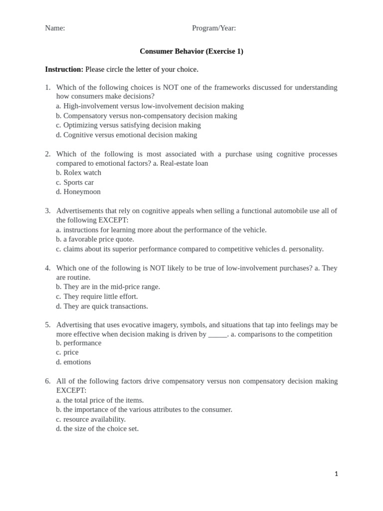 Consumer Decision-Making Frameworks Quiz | PDF | Consumer Behaviour ...