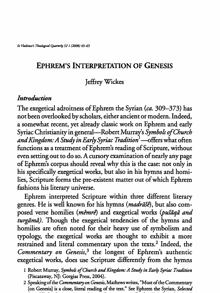 Wickes, Jeffrey - Ephrem's Interpretation of Genesis | PDF | Exegesis | Copyright