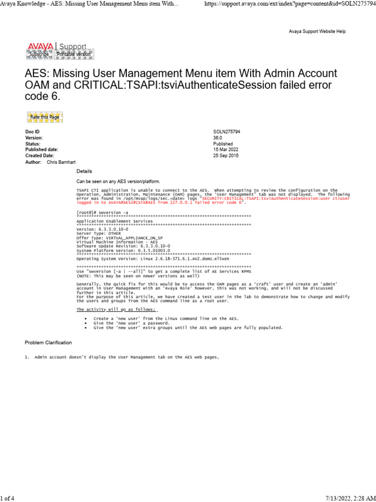 Avaya Knowledge - AES Missing User Management Menu Item With Admin ...