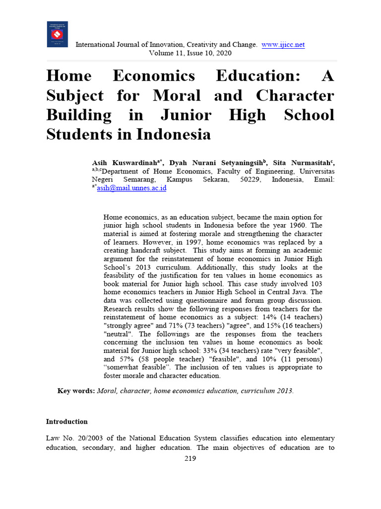 Home Economics: Building Character in Education | PDF | Curriculum ...