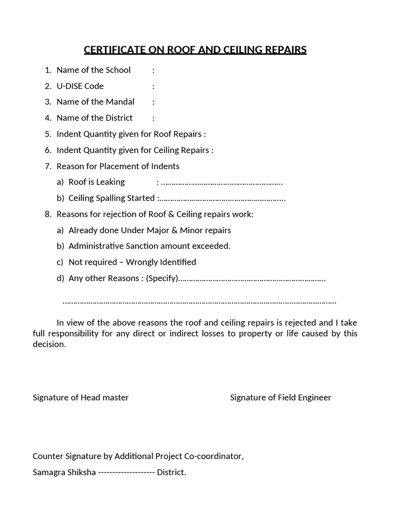 Roof and Ceiling Repair Certificate | PDF