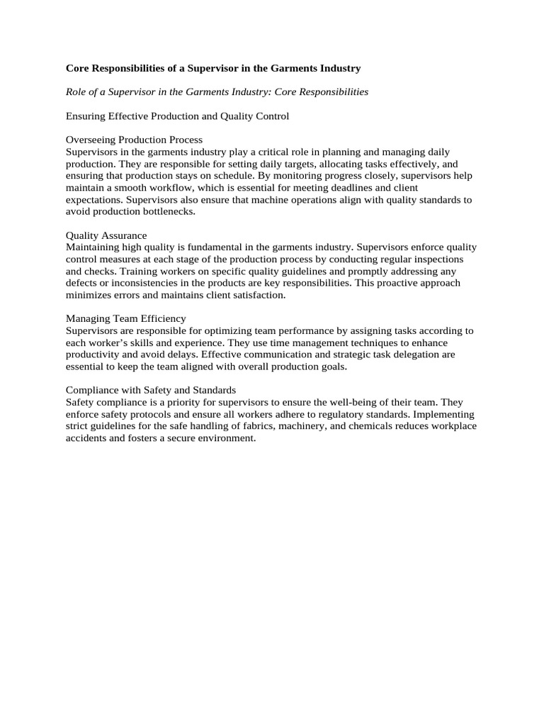 Supervisor Responsibilities in Garments | PDF