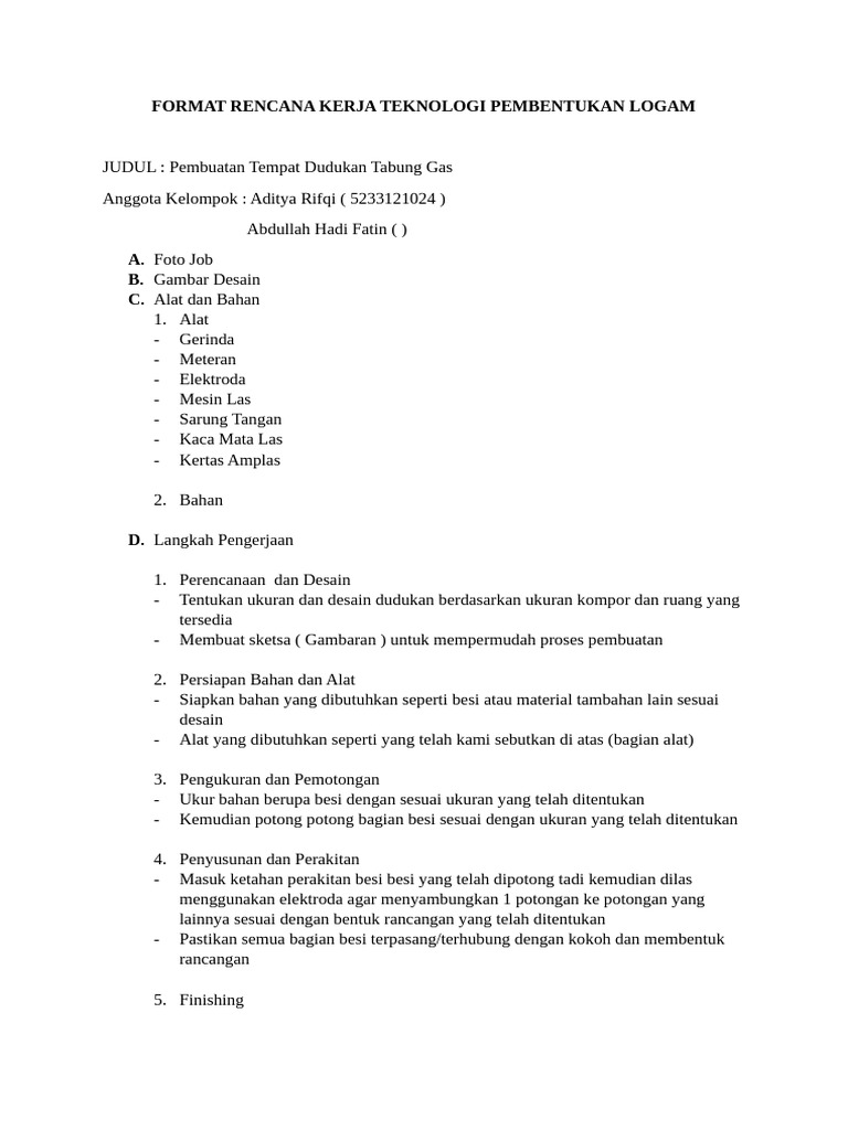Format Rencana Kerja Teknologi Pembentukan Logam | PDF