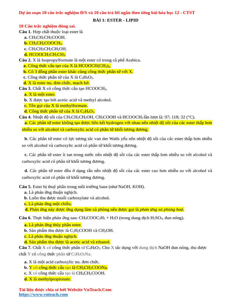 Bai 1. Ester - Lipid - CTST | PDF