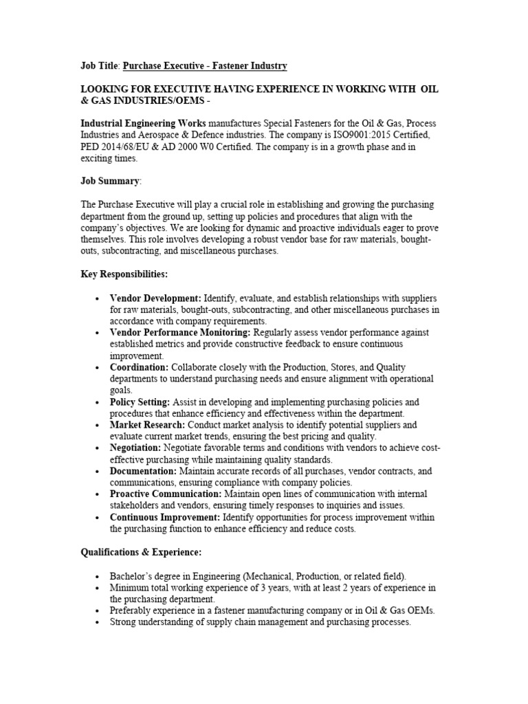 Purchase Executive Job Profile | PDF | Supply Chain | Iso 9000
