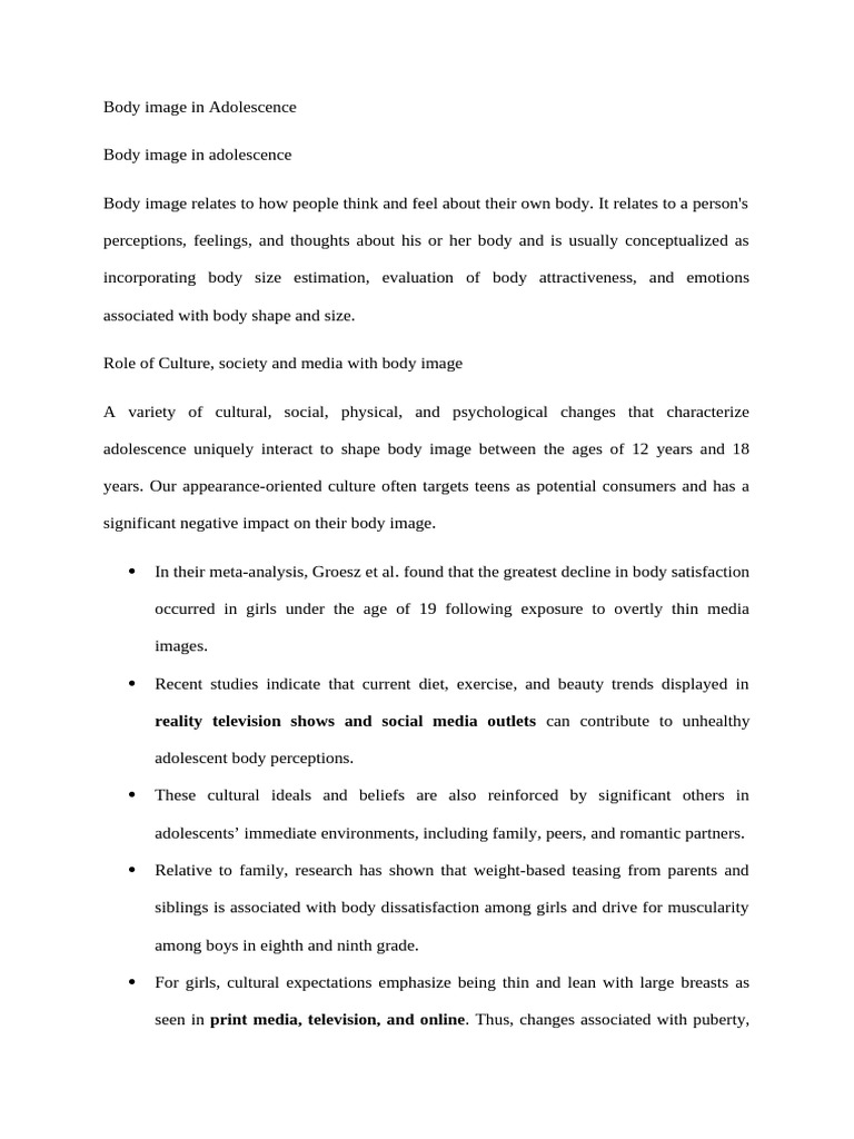 Body Image and in Adolescence | PDF | Body Image | Adolescence