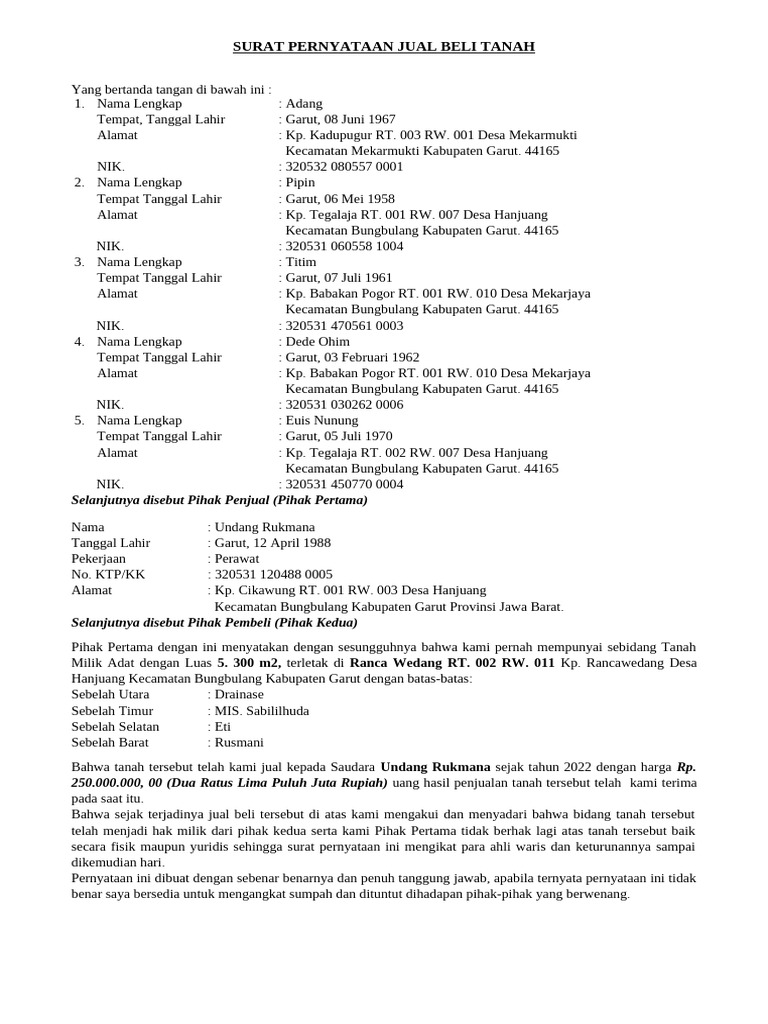 Surat Pernyataan Jual Beli Tanah Ibu Ani Triyani Rohmayani | PDF