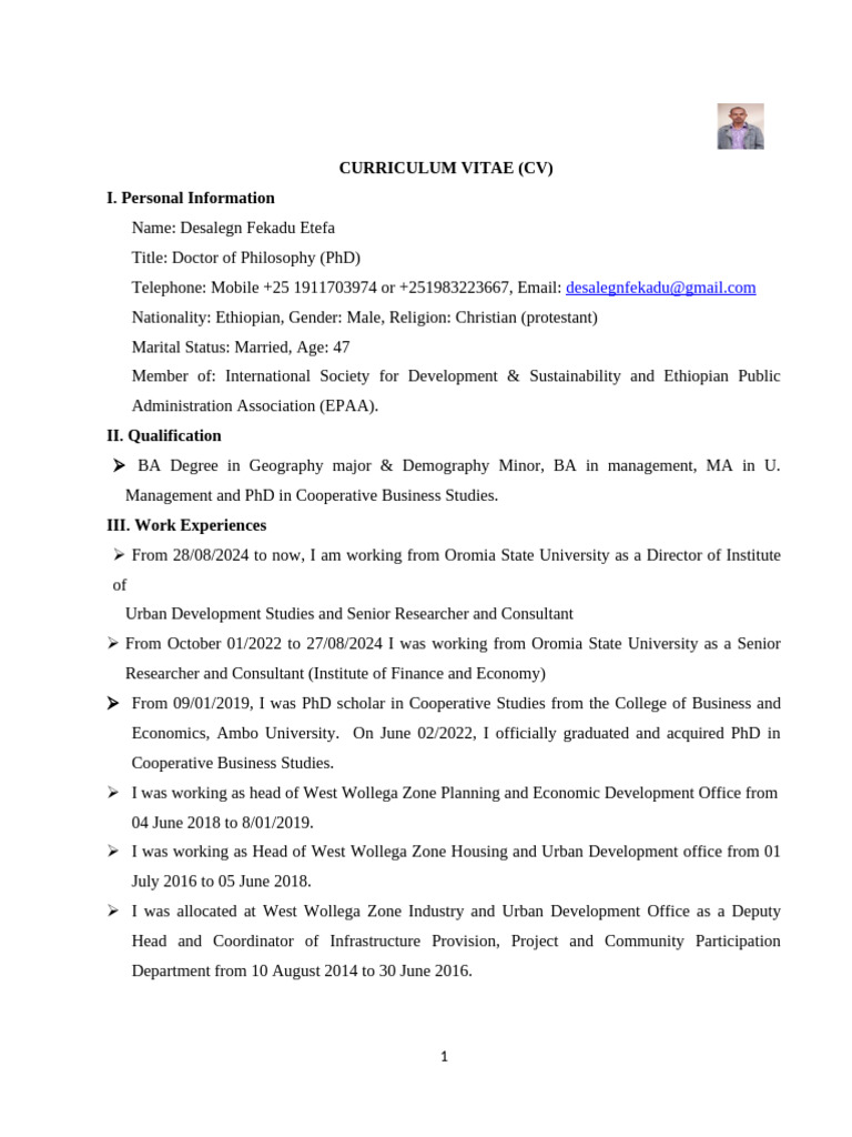 Updated CV of Desalegn Fekadu (PHD) | PDF | Ethiopia | Cooperative