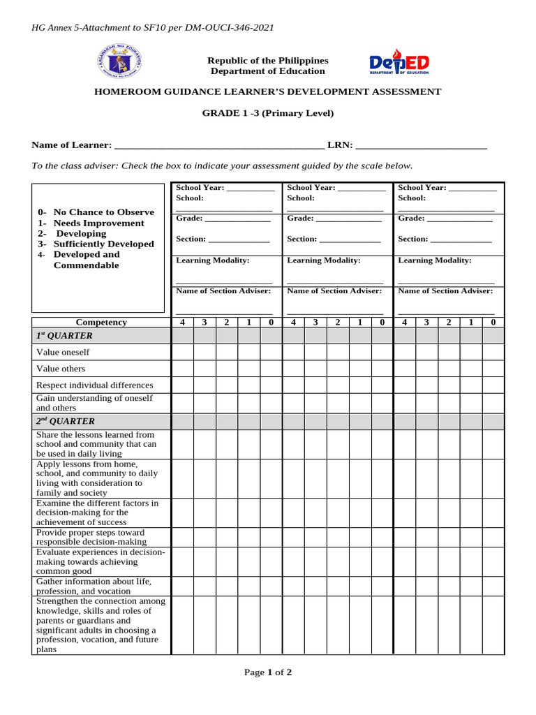 2 SF10 Primary Level G1 3 HG Assessment Template | PDF | Learning ...