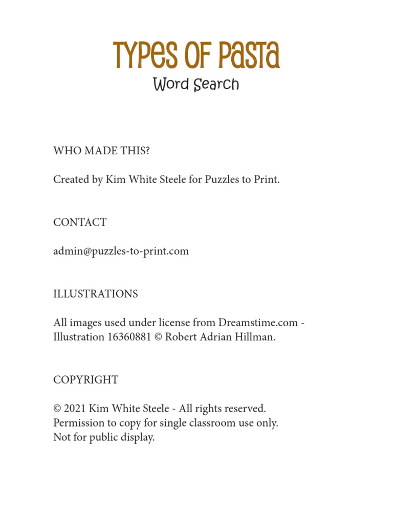Types of Pasta Word Search | PDF | Word Search | Word Puzzles