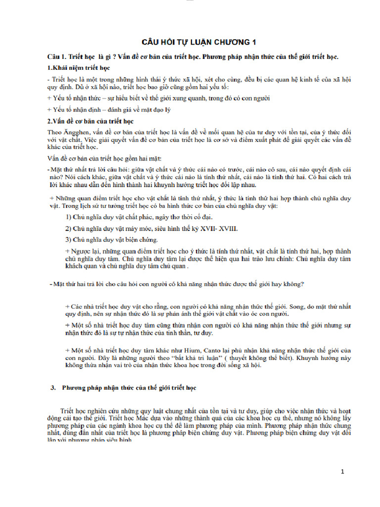 Cau Hoi Tu Luan Chuong 1 Triet Hoc Va Vai Tro Cua Triet Hoc Trong Doi 1257 | PDF