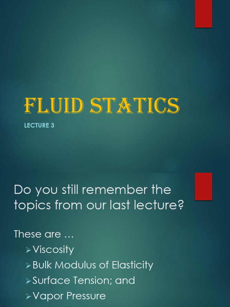 LEC3 Fluid Statics | PDF | Pressure | Pressure Measurement