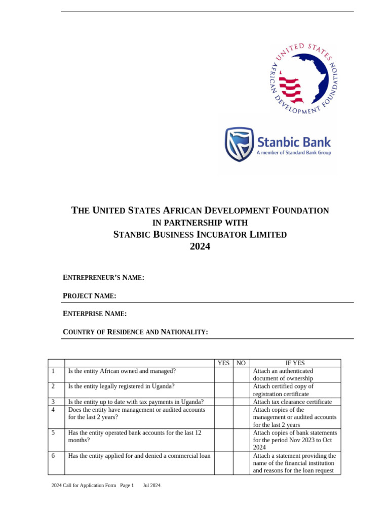 USADF - Stanbic - Application Form - 2024 | PDF | Banks | Economies