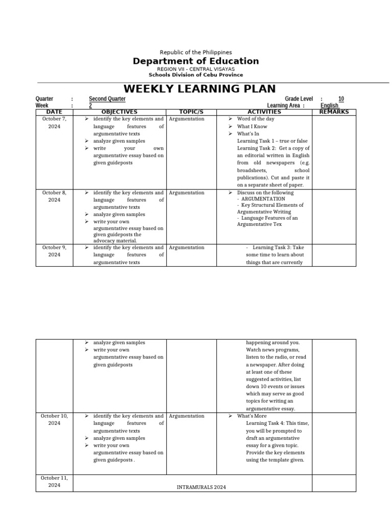 Weekly Learning Plan English 10 | PDF | Essays | Human Communication