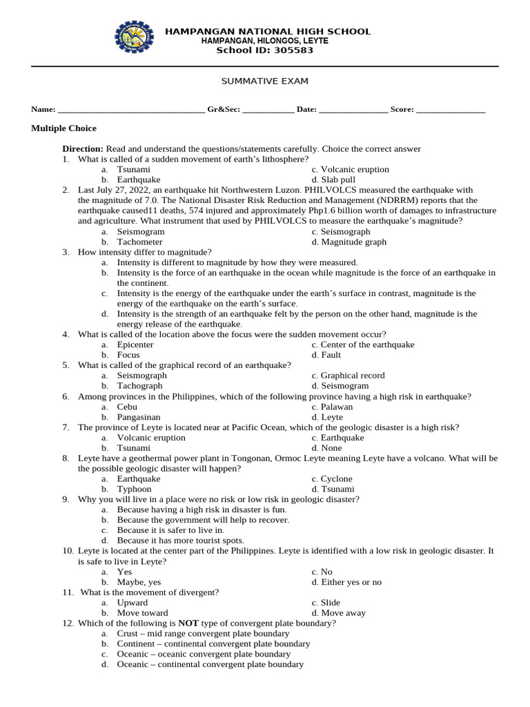 Summative Exam on Earth Science Concepts | PDF | Plate Tectonics ...