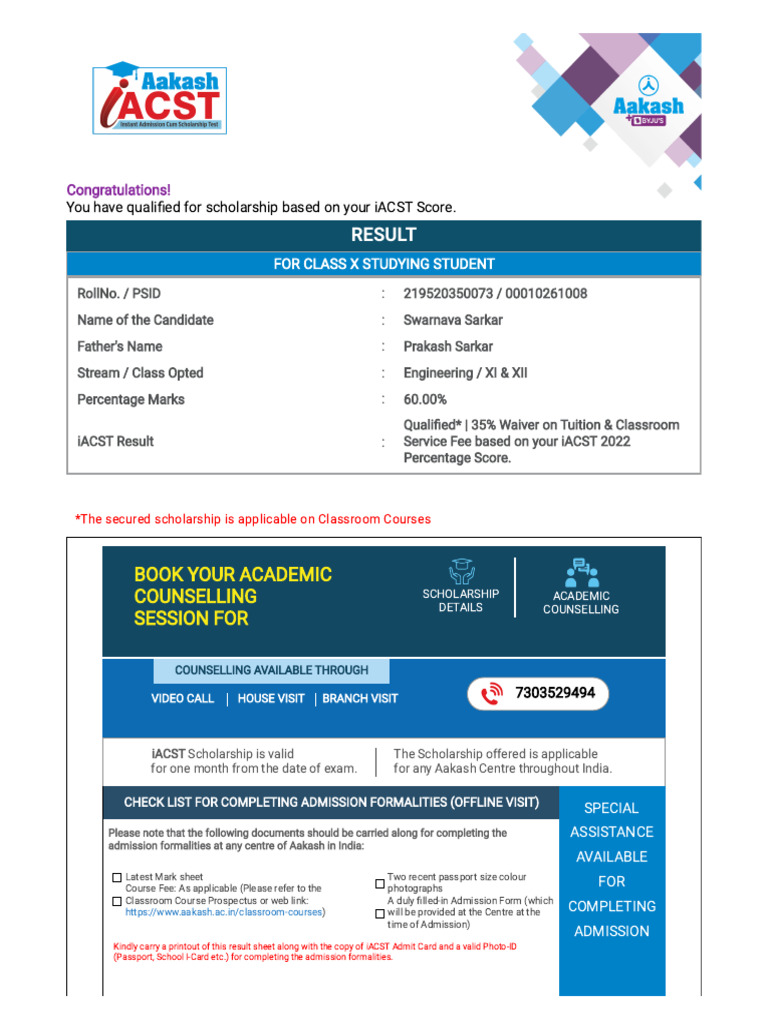 Student Result - Aakash BYJU's | PDF