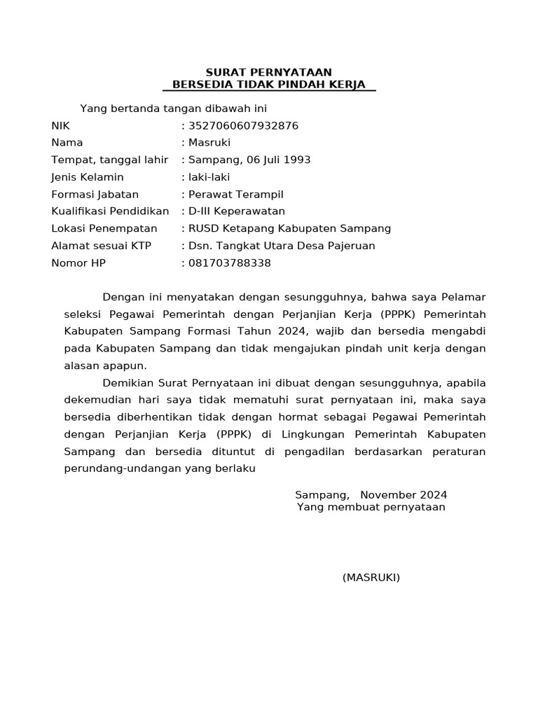 Surat Pernyataan Tidak Pindak | PDF
