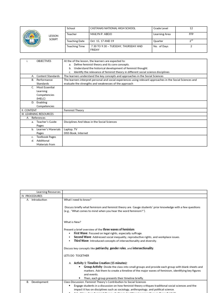 Lesson Plan - Revise Feminist Theory | PDF | Feminism | Gender Studies