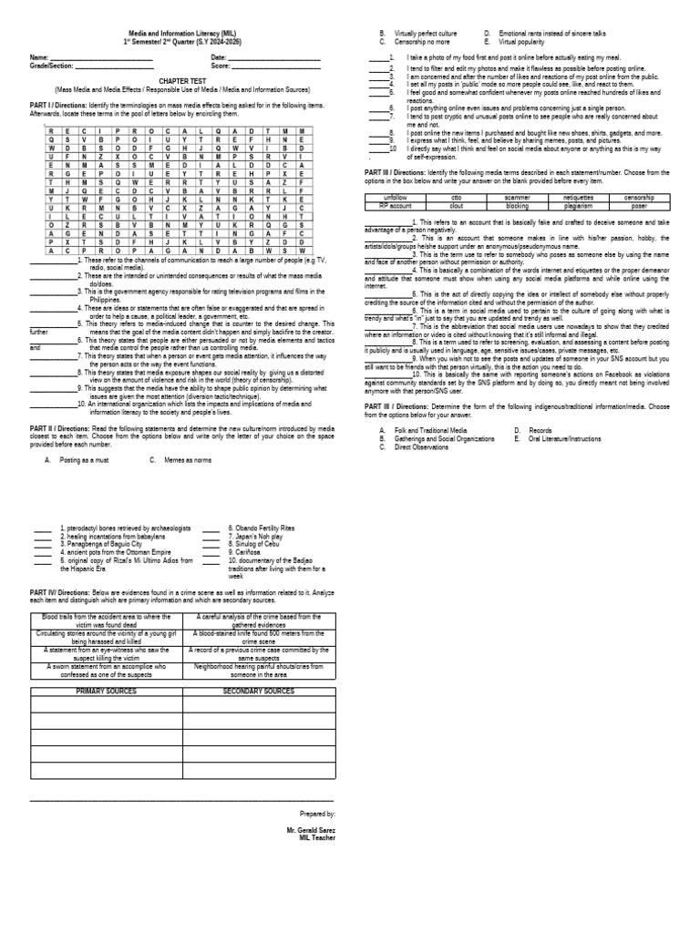 MIL (Chapter Test 4) | PDF | Social Networking Service | Communication