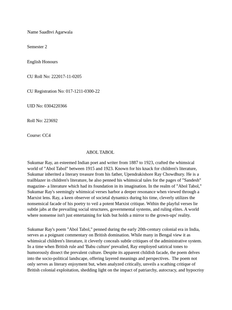 Abol Tabol Cc6 Tutorial | PDF | Poetry | Satire