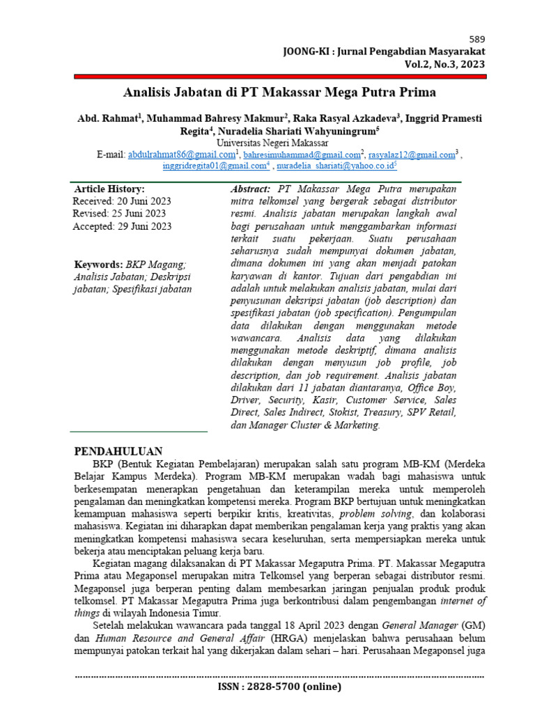 Analisis Jabatan Di PT Makassar Mega Put | PDF
