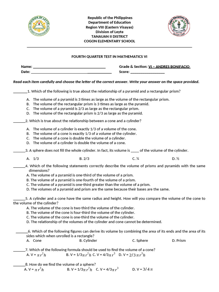 5.-Q4-Mathematics-VI | PDF | Area | Volume