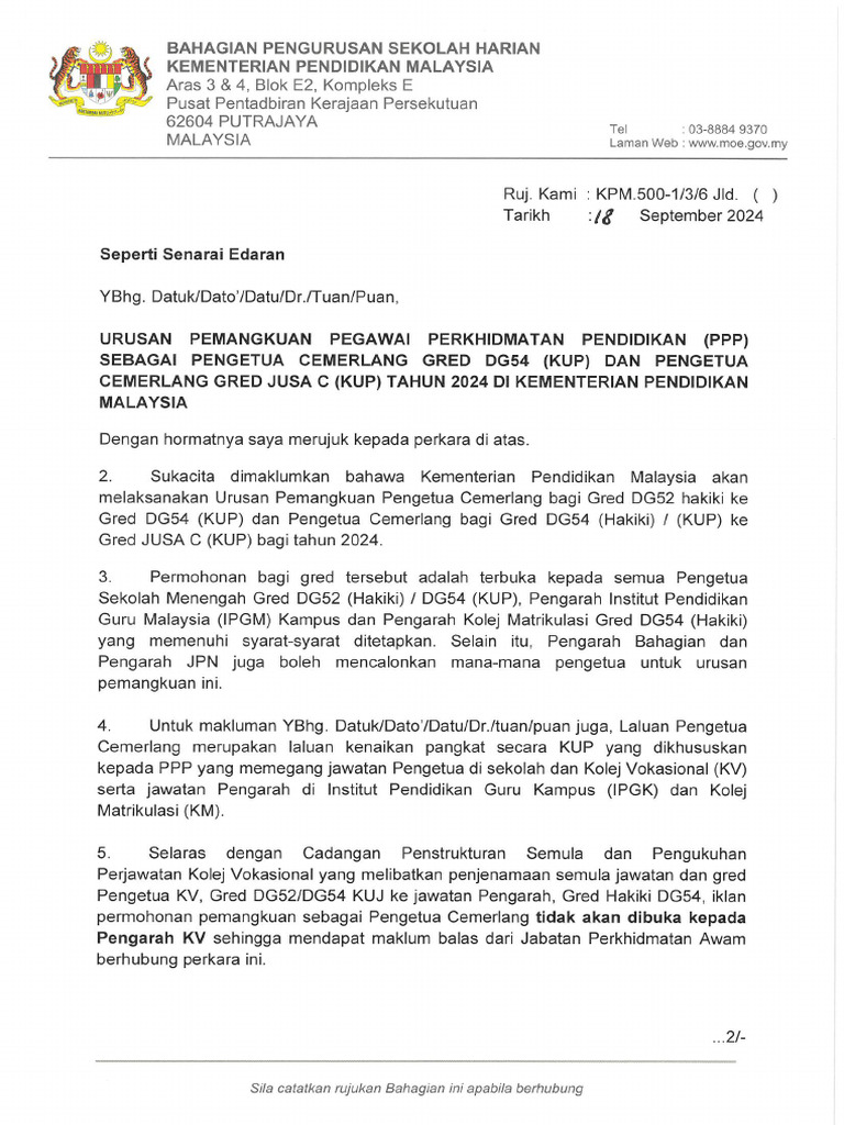 Urusan Pemangkuan PPP Sebagai Pengetua Cemerlang Gred 54 KUP Dan ...