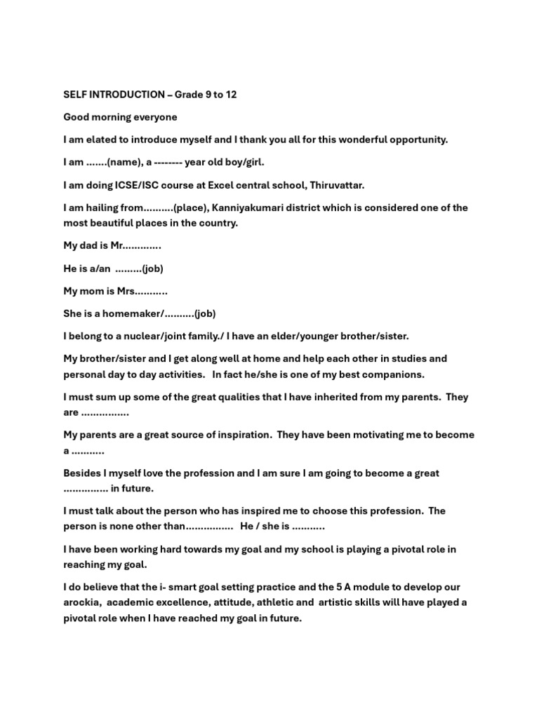 SELF INTRODUCTION GRADE 9 To 12 | PDF