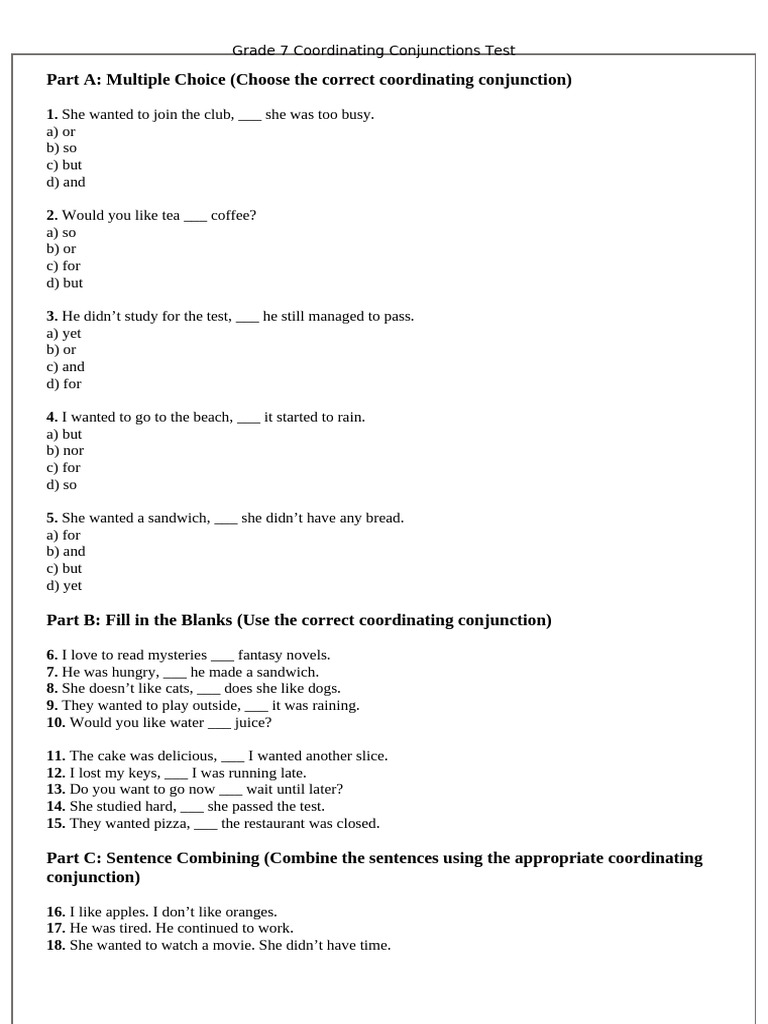 Coordinating Conjunctions Test | PDF | Foods | Cuisine