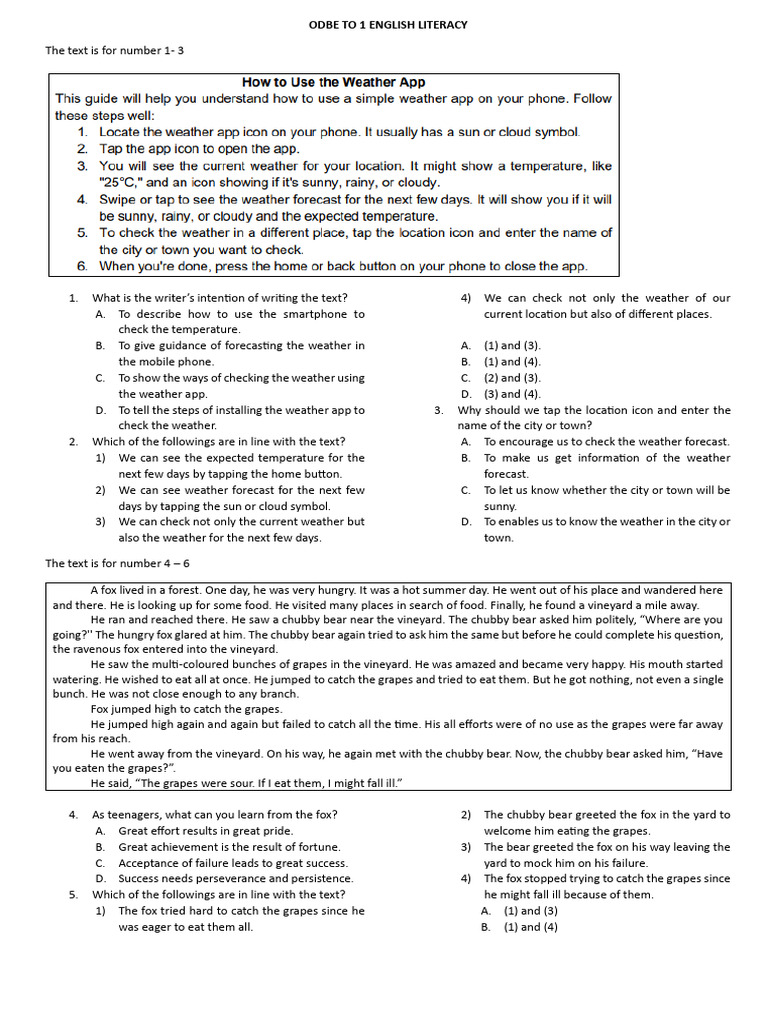 ODBE TO 1 ENGLISH LITERACY | PDF | Weather | Low Carbohydrate Diet